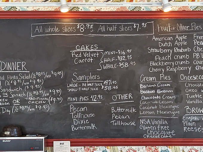 This chalkboard menu isn't just a list – it's a roadmap to happiness. Choosing just one slice might require a therapy session or bringing along your most decisive friend.