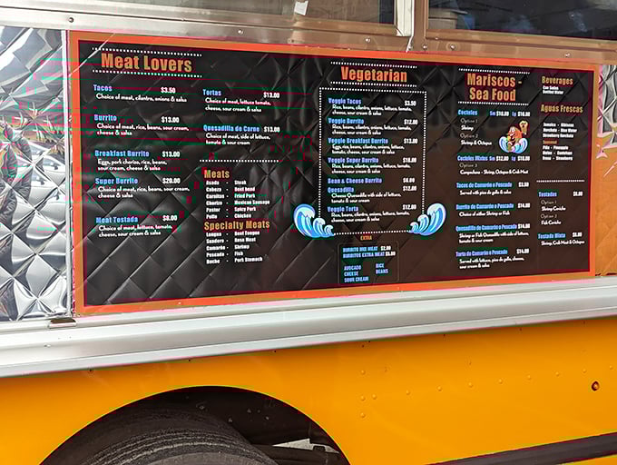 The menu board reads like a love letter to Mexican cuisine. Meat lovers, seafood enthusiasts, and vegetarians all get their happy ending.