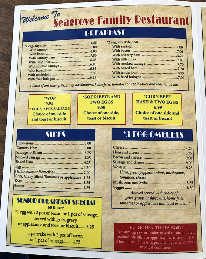 This menu isn't trying to reinvent breakfast—it's perfecting it. Simple, straightforward options that speak the universal language of morning hunger.