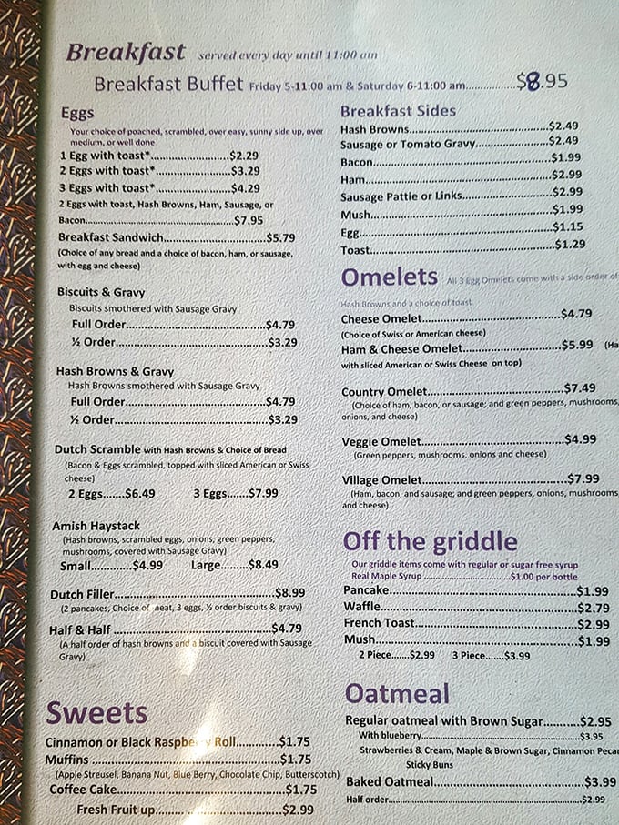 This menu isn't just a list of food – it's a roadmap to happiness with the legendary Amish Haystack calling your name from the bottom left.