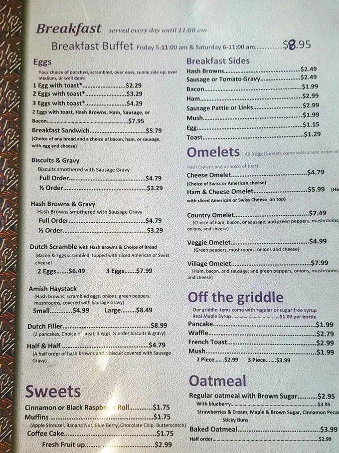 This menu isn't just a list of food – it's a roadmap to happiness with the legendary Amish Haystack calling your name from the bottom left.