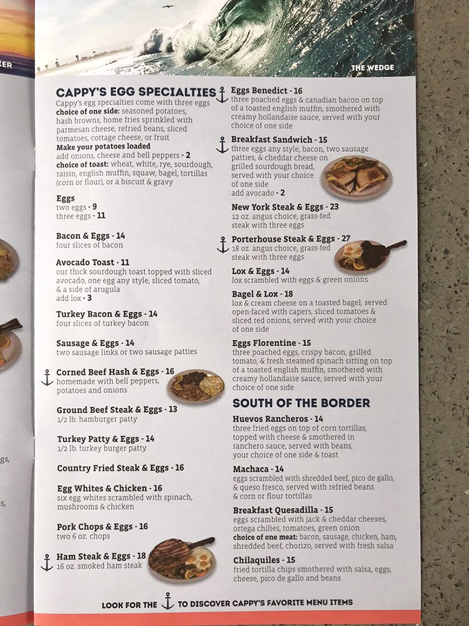 The menu reads like a love letter to breakfast classics, with those little anchor symbols marking Cappy's favorites – nautical guidance for hungry souls.