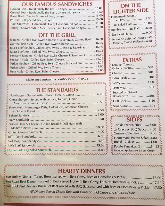 A menu that reads like poetry to sandwich lovers – notice how "corned beef" appears in almost every section. They know their strength!