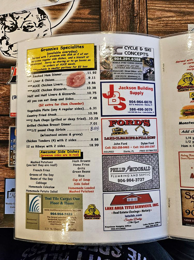 This menu isn't trying to impress with fancy descriptions—it's letting the legendary country fried steak and homemade sides speak for themselves.