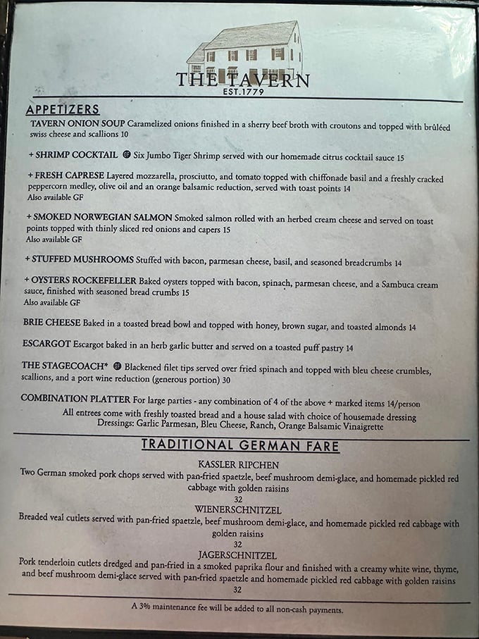 This isn't just a menu—it's a declaration that German cuisine and Southern hospitality make surprisingly perfect bedfellows. The Tavern Onion Soup alone is worth the drive.