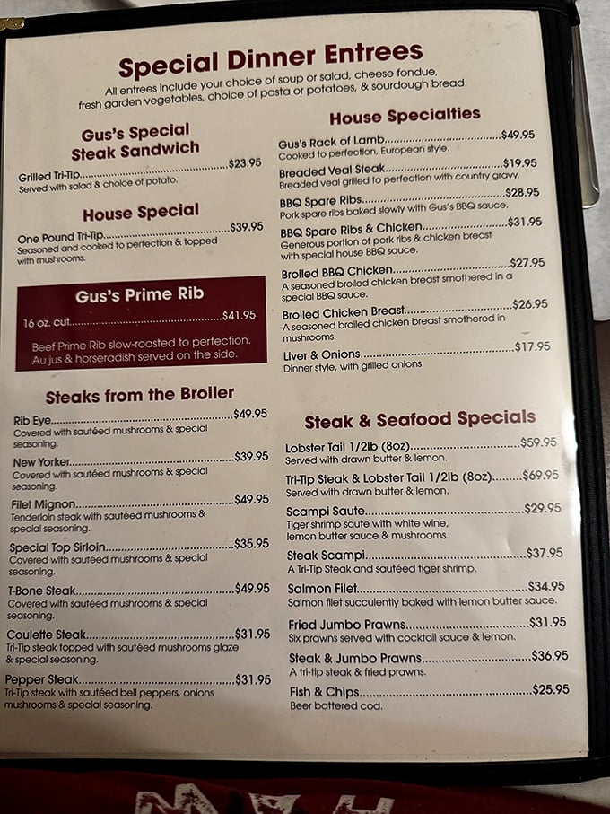A menu that doesn't mess around—straightforward steakhouse classics with no pretension. The hardest decision you'll make all day awaits.