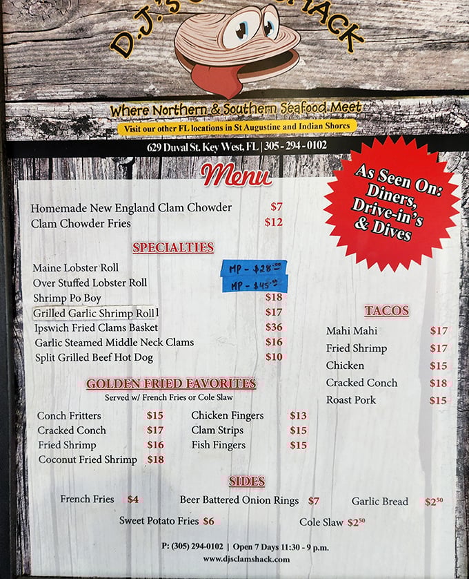 The menu reads like a love letter to seafood enthusiasts—where Maine meets the Keys in a delicious cross-country culinary romance.