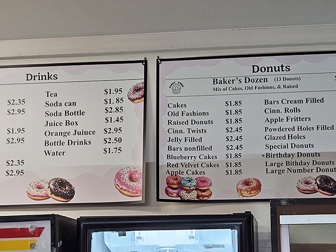 The menu board—a simple masterpiece of possibilities. No fancy descriptions needed when the donuts speak such eloquent volumes.