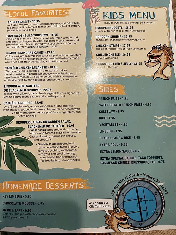 A menu that reads like poetry to seafood lovers—bouillabaisse, grouper prepared five ways, and key lime pie that'll make your taste buds do the cha-cha.