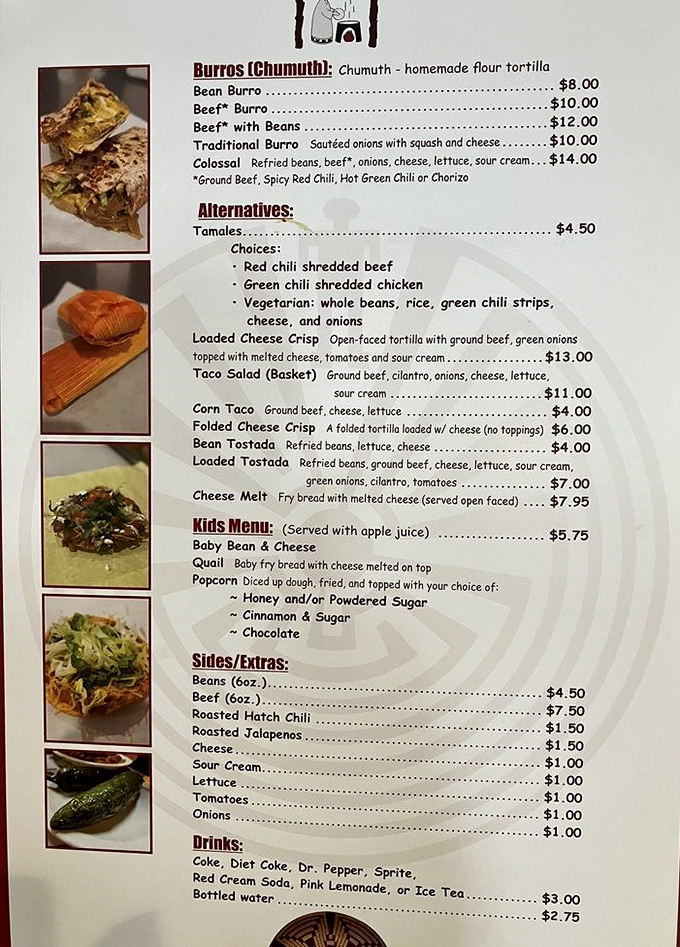 This menu isn't just a list of options—it's a roadmap to Native American culinary treasures. The "Colossal" burro isn't false advertising; it's a delicious warning.