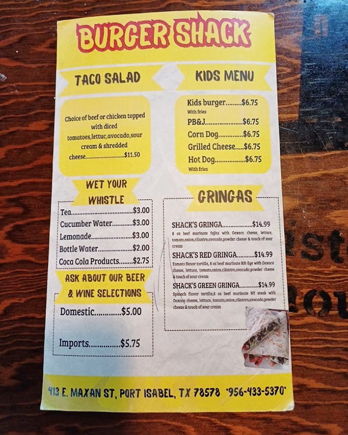 The menu tells you everything you need to know—this place takes burgers seriously but itself? Not so much.