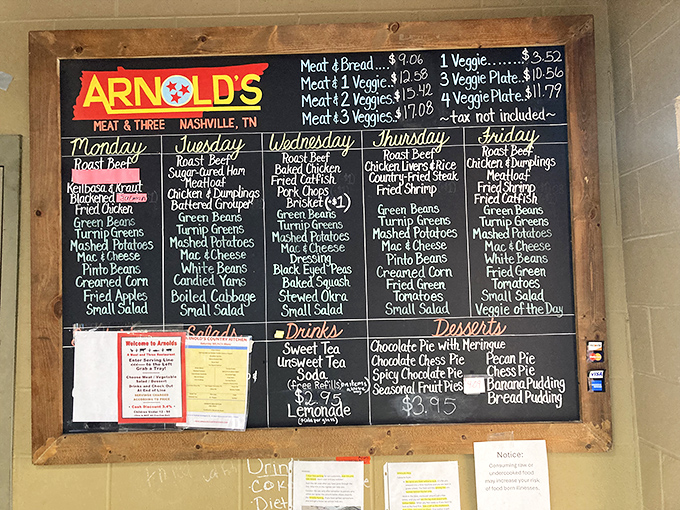 This chalkboard menu isn't just a list—it's a daily love letter to Southern cuisine, with rotating specials that keep regulars coming back five days a week.