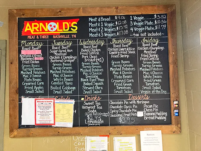 This chalkboard menu isn't just a list—it's a daily love letter to Southern cuisine, with rotating specials that keep regulars coming back five days a week.