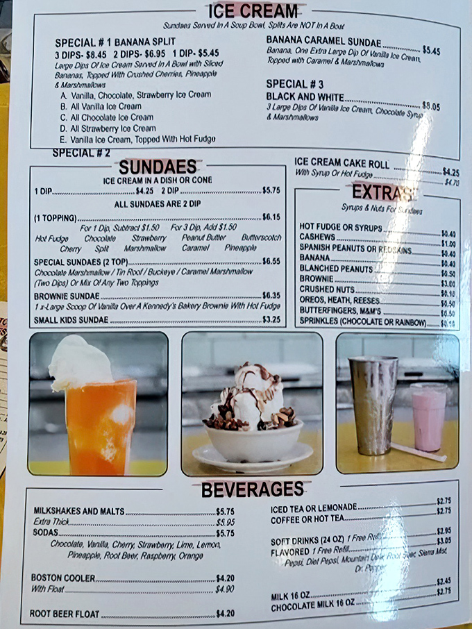 This menu isn't just a list of options—it's a historical document. The "Sundaes Served in a Soup Bowl" isn't hyperbole, it's a promise. 