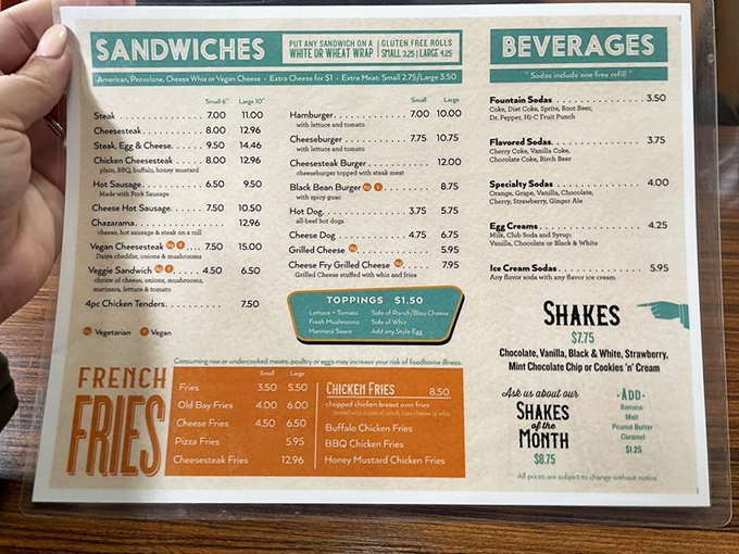 This menu isn't just a list of options—it's a roadmap to happiness with detours through cheesesteak country and milkshake paradise.