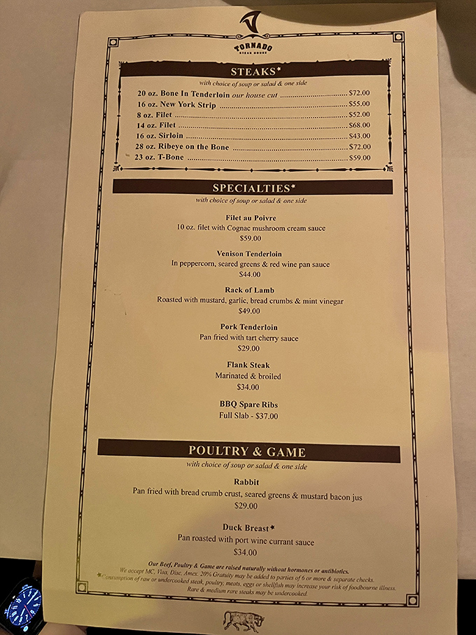 A menu that cuts right to the chase. No QR codes or trendy small plates here—just magnificent cuts of beef and classic specialties that would make your grandfather nod in approval.