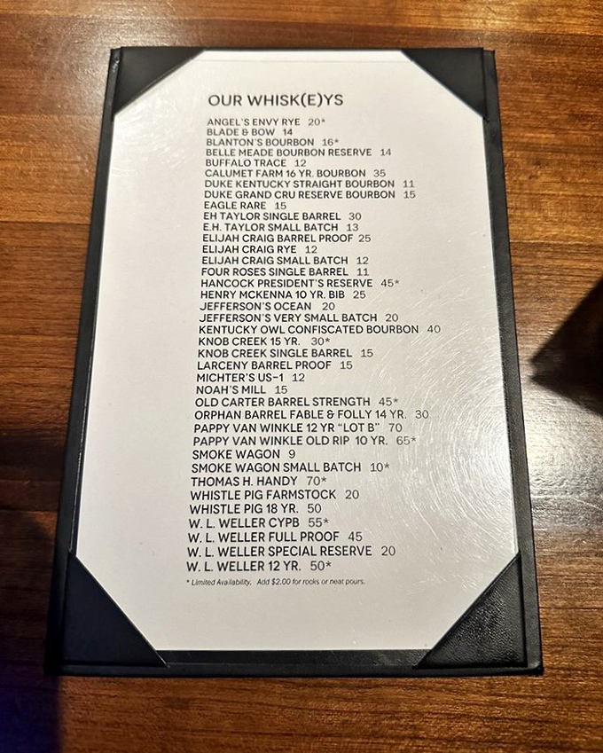 That whiskey list reads like a love letter to Kentucky bourbon – each bottle promising its own adventure.