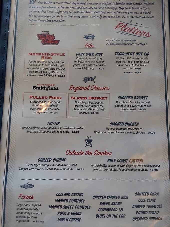 The menu reads like a cross-country road trip through America's barbecue belt—Memphis ribs, Texas beef, and Carolina pulled pork under one roof.