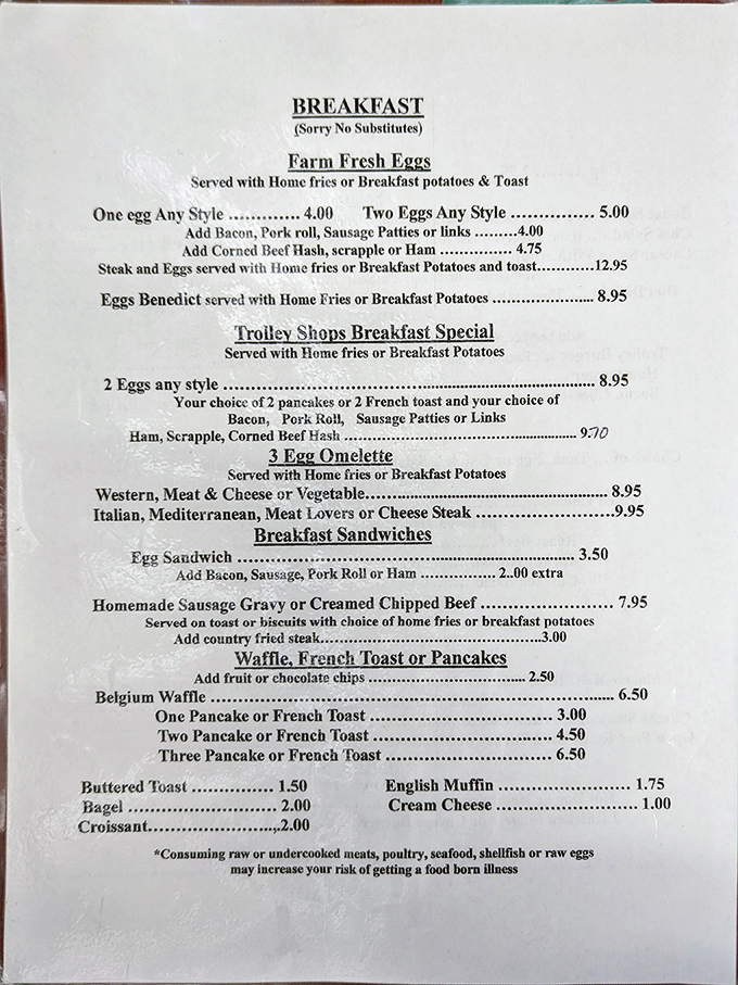 This menu isn't trying to impress food critics—it's aiming straight for your breakfast-loving heart with farm-fresh eggs and Pennsylvania classics like scrapple.