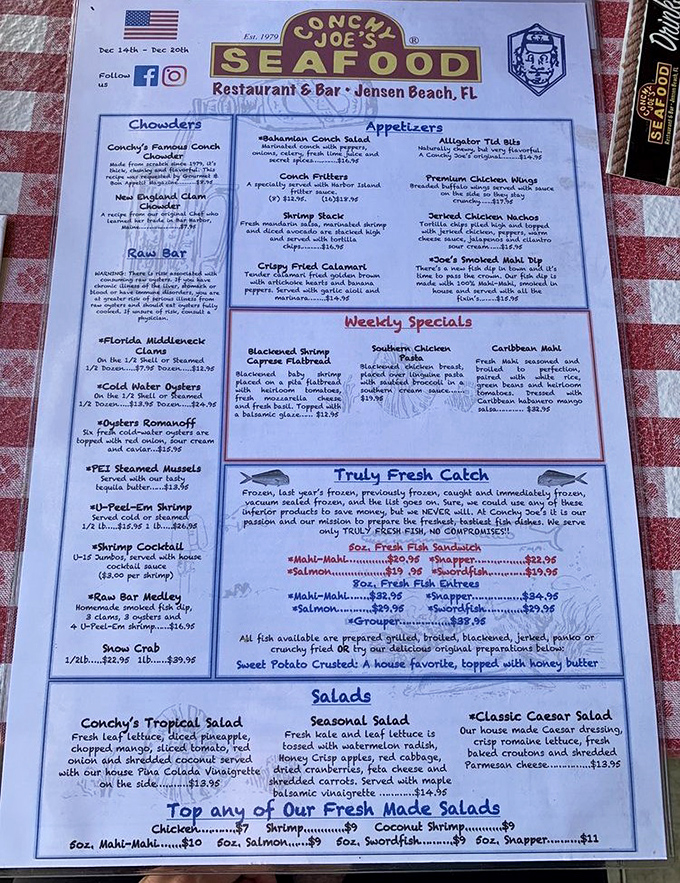 This isn't just a menu—it's a maritime treasure map where X marks the spot for "Truly Fresh Catch" and legendary conch fritters.