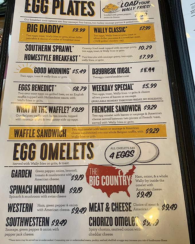 This menu isn't just a list of options—it's a roadmap to breakfast nirvana. The "What in the Waffle" alone deserves its own ZIP code.