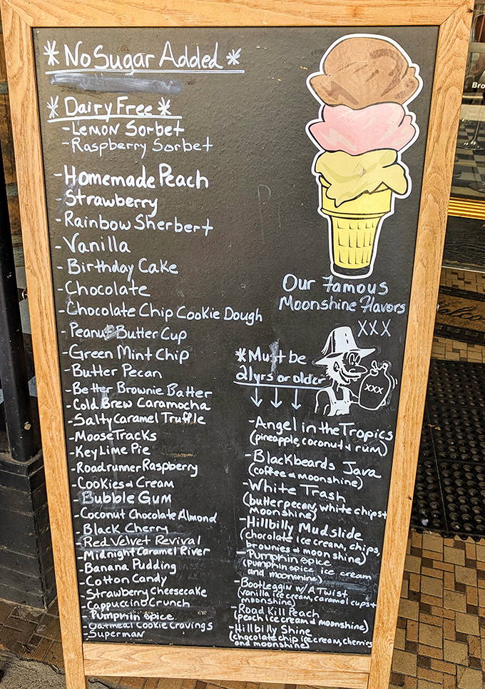 This menu board isn't just a list—it's a roadmap to happiness. The "moonshine flavors" section is particularly intriguing for adventurous souls.