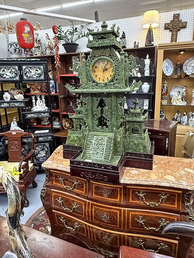 This jade palace clock doesn't just tell time—it transports you to another era. Dynasty-worthy craftsmanship sitting atop furniture fit for royalty.
