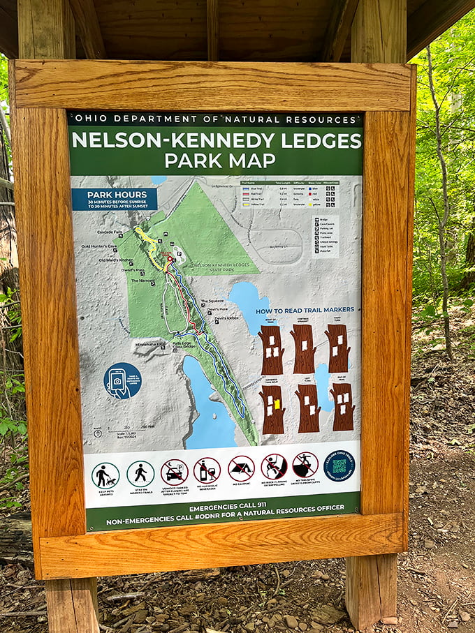 Choose your own adventure! The trail map might look simple, but those color-coded paths lead to dramatically different experiences—from "Sunday stroll" to "where's my climbing gear?"