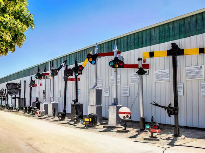 This colorful collection of railway signals isn't just functional history—it's a mechanical rainbow that once guided trains safely through the darkness.