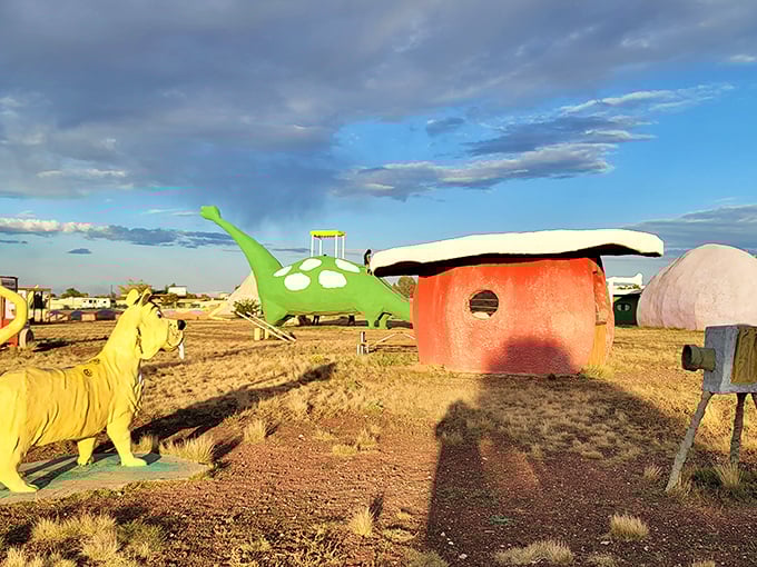 Golden hour at Raptor Ranch transforms these colorful prehistoric dwellings into a surreal landscape that would make Salvador Dalí proud.