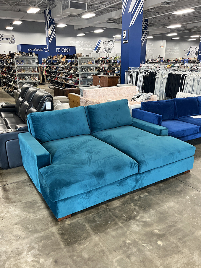 That teal velvet sectional isn't just a sofa—it's someone's future "I can't believe I got this for THAT price" humble-brag story waiting to happen.
