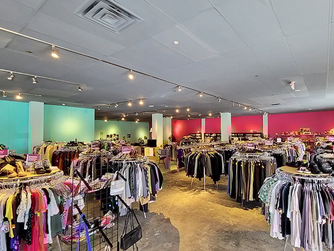 Clothing racks organized with breathing room – a rarity in thrift stores where you typically need contortionist skills just to browse.