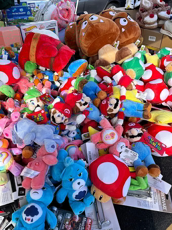A mountain of Mario mushrooms and gaming plushies awaits adoption. Who knew childhood memories could be so squeezably soft?