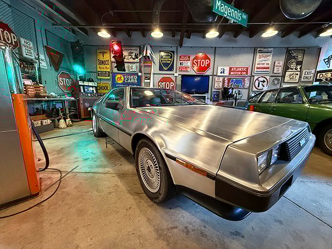 Great Scott! A DeLorean that would make Doc Brown jealous, surrounded by vintage road signs that tell America's highway history better than any textbook.
