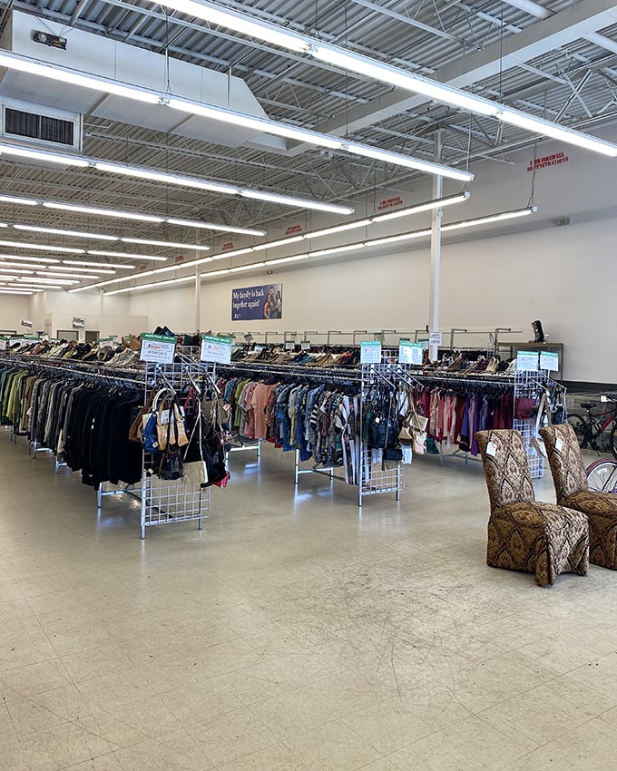 Rows upon rows of clothing possibilities stretch into the distance—a textile landscape where fashion dreams come true for pennies on the dollar.
