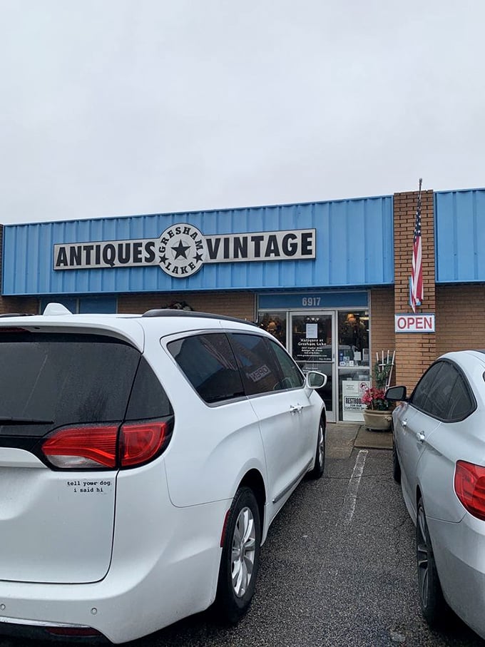 Antiques at Gresham Lake: The blue warehouse exterior hides a collector's dream where serious antiquers come to find their holy grail.