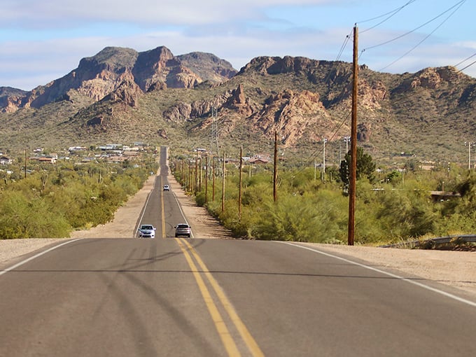 Apache Junction's main drag looks like it was plucked straight from a Western film, with mountains standing guard in the distance.