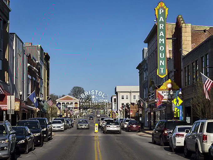 Bristol's historic downtown proudly displays its American flags alongside classic architecture. Small-town patriotism never looked so charming.