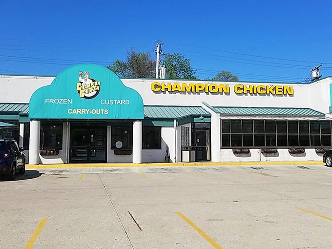 That teal awning signals you've arrived at chicken paradise – where "frozen custard" and hot fried chicken create the perfect Milwaukee meal.