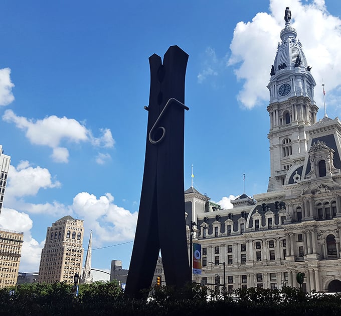Clothespin Sculpture: Office supply or artistic masterpiece? This towering clothespin brings new meaning to "hanging out" in downtown Philly.