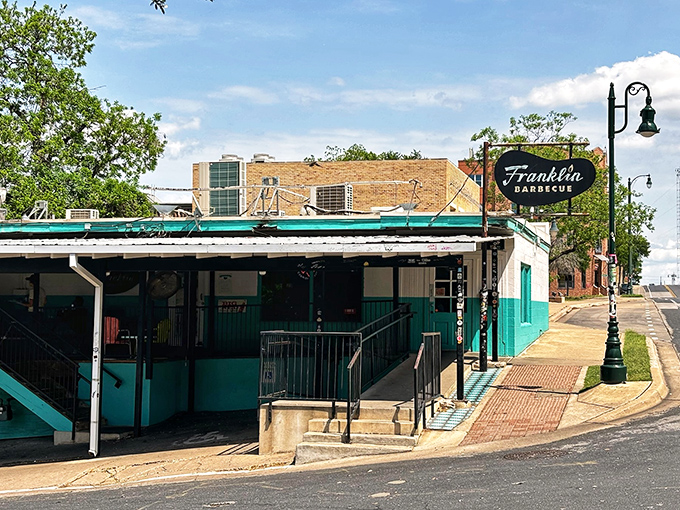 Franklin Barbecue's mint-green exterior is deceptively humble. Like finding a diamond in a tackle box—unassuming but priceless.
