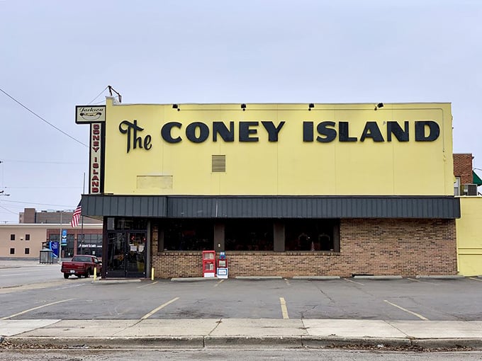 The bright yellow beacon of Jackson's coney scene—like a lighthouse guiding hungry sailors to hot dog heaven.