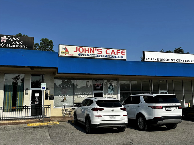 John's Cafe keeps it simple: good food, no fuss. That bright blue awning signals breakfast paradise for Dallas locals in the know.