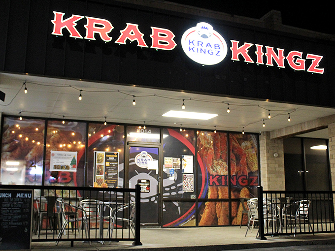 Krab Kingz doesn't whisper, it announces! That bold sign is like Vegas for seafood lovers—promising royal treatment for your taste buds.