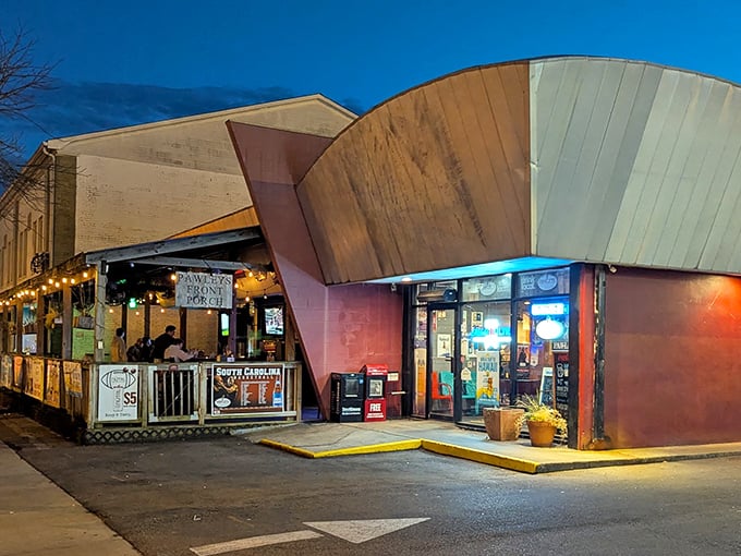 Pawley's Front Porch (Columbia): That curved wooden roof isn't trying to be fancy—it's just sheltering some of Columbia's most creative burger masterpieces.