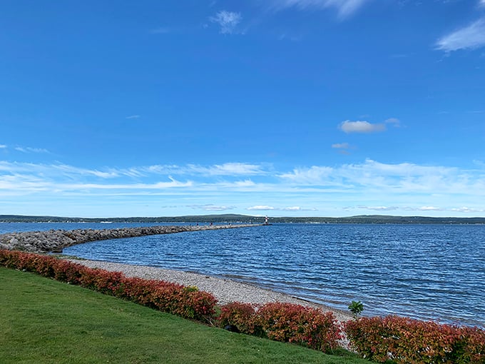 A clear blue sky stretches over Petoskey’s bay, where a quiet lighthouse and rocky breakwater invite you to pause and take in the serene lakeside view.