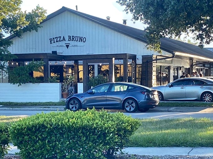 Pizza Bruno's farmhouse-meets-pizzeria exterior says "we're serious about casual." The kind of place food critics whisper about to their friends.