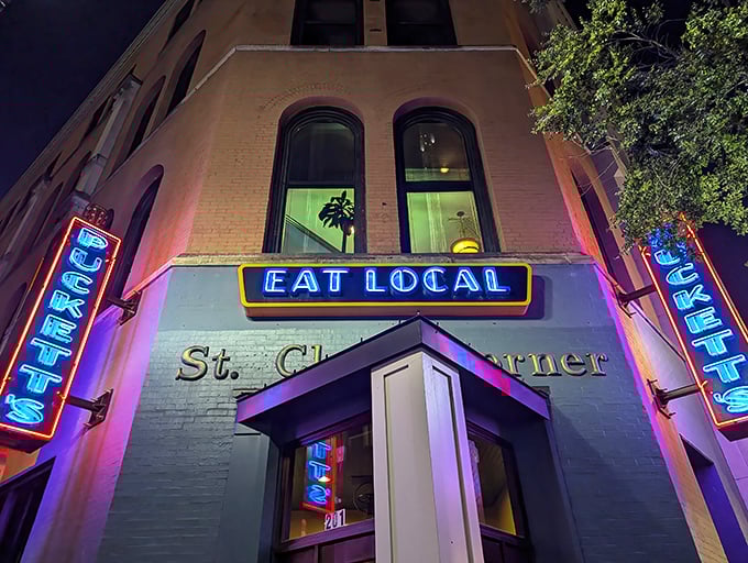 Puckett's neon glow transforms downtown Nashville after dark. "Eat Local" isn't just a suggestion—it's the path to enlightenment.