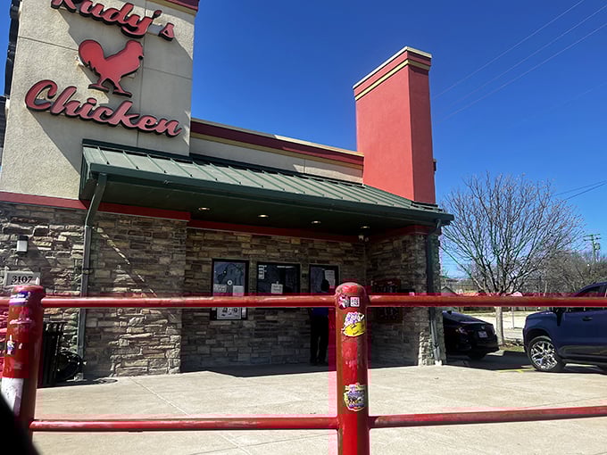 Red rooster signage that doesn't need to crow about its reputation—locals already know. Stone and stucco exterior hiding chicken treasures within.