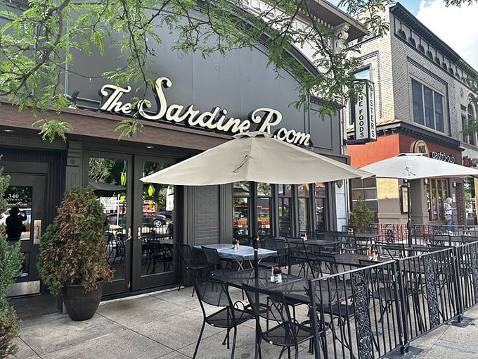 The Sardine Room's elegant patio – where Plymouth locals gather to see and be seen over oysters.